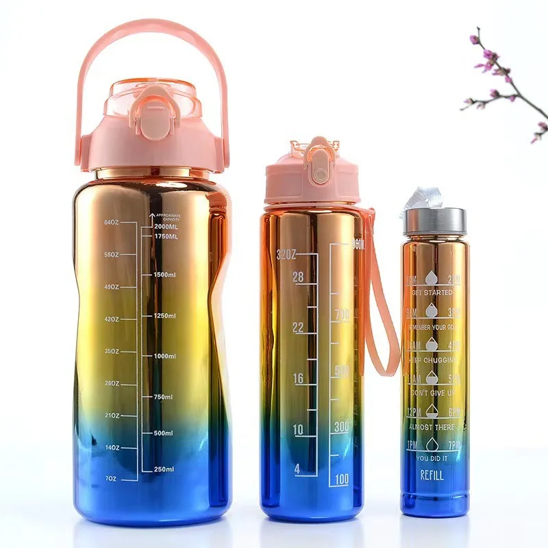 Giant 3 Pieces Water Bottle Set 2000ml Electroplate Gradient Gym Time ...