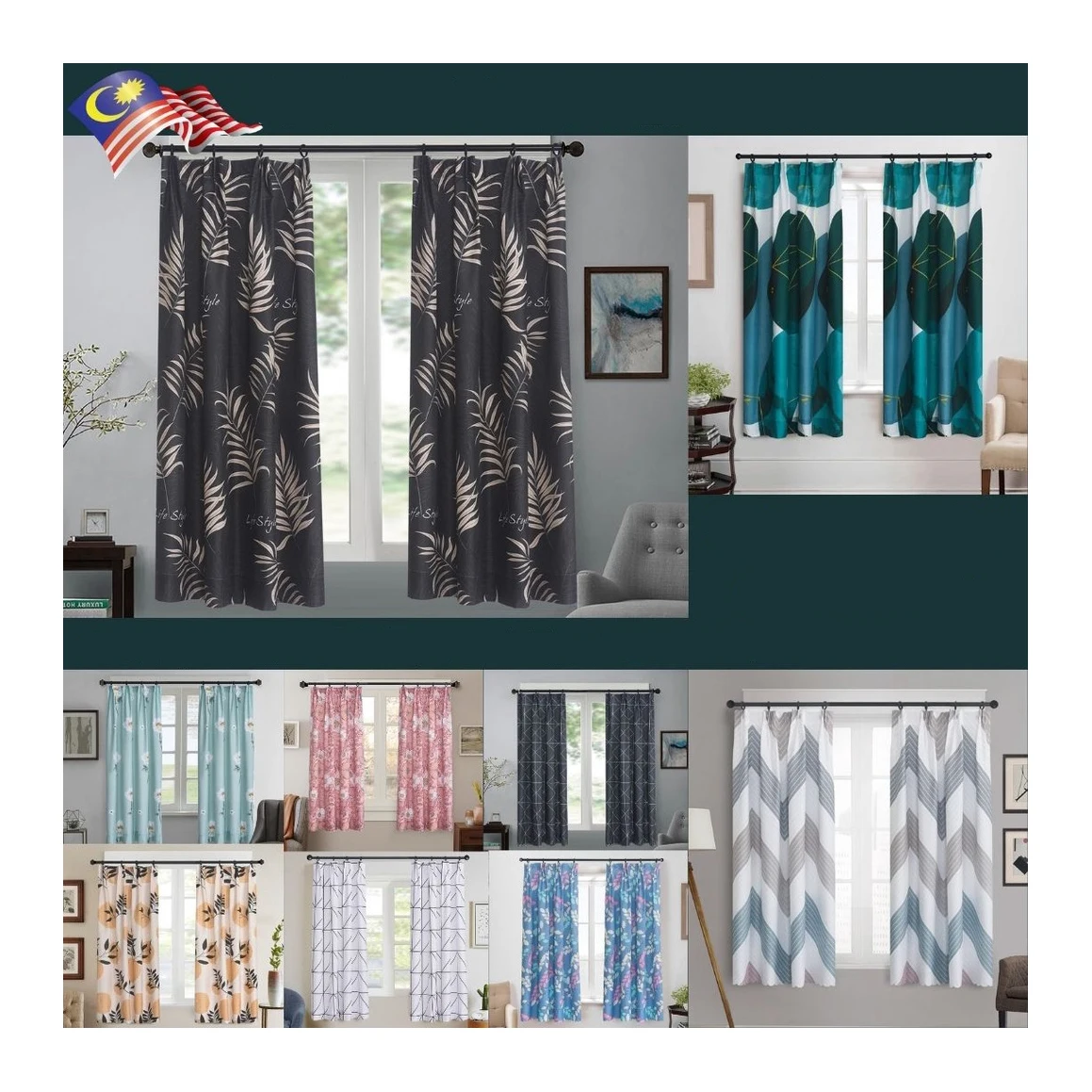 Hook Type Modern Langsir Curtain Fabric Semi Blackout Langsir Pintu ...
