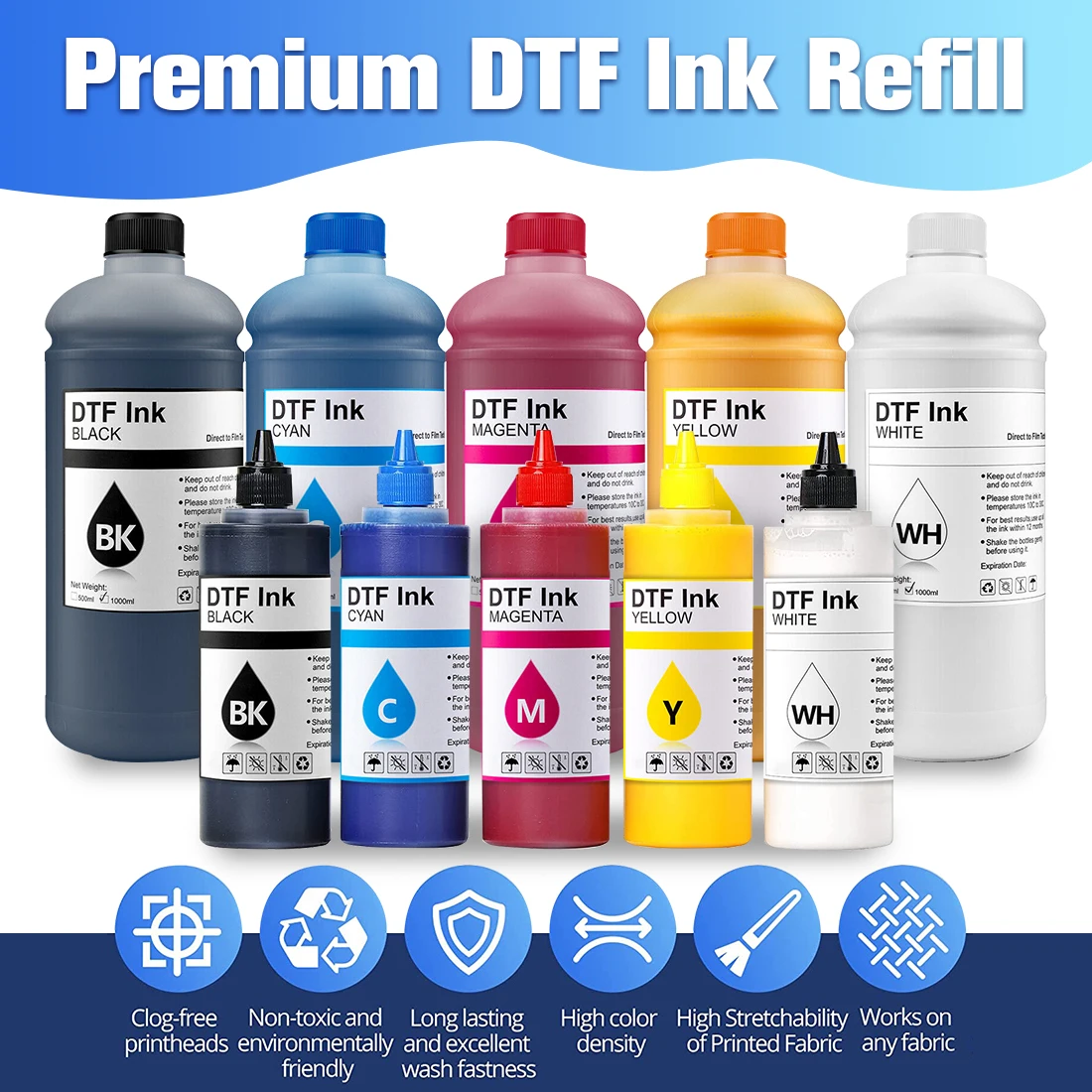 Wholesale 1000ml Black CMYK Magenta Yellow White DTF Ink