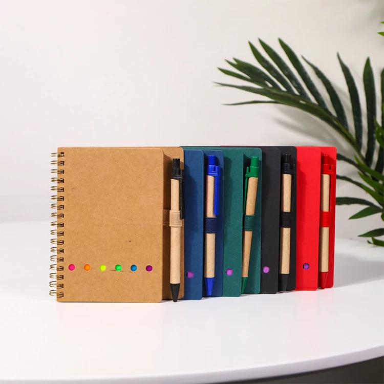 Custom A6 Spiral Notebook Eco-Friendly Kraft Paper Recycled Pen Sticky ...