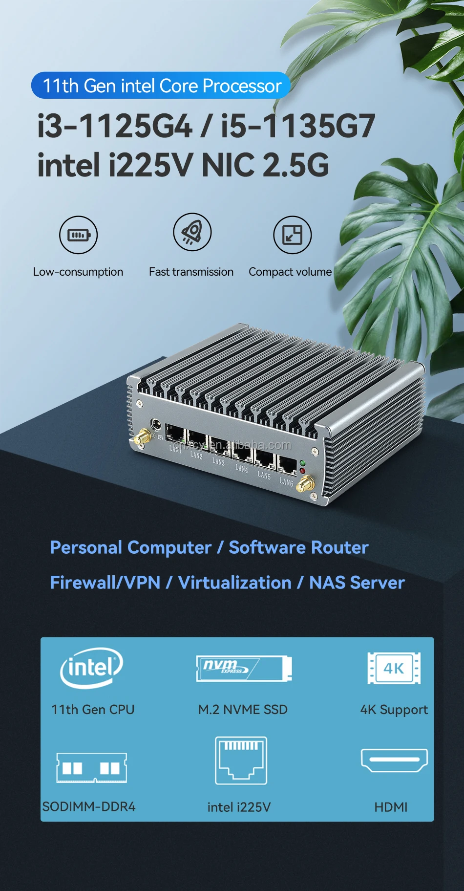 XCY Mini PC with I5-1135g7, 6 LAN Ports, and Fanless Cooling