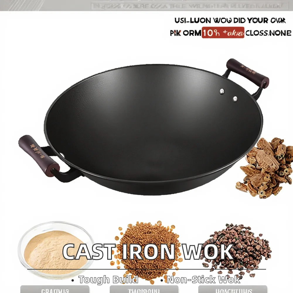 Old Fashioned Household Cast Iron Wok with Two Ears Non-Coated Non ...