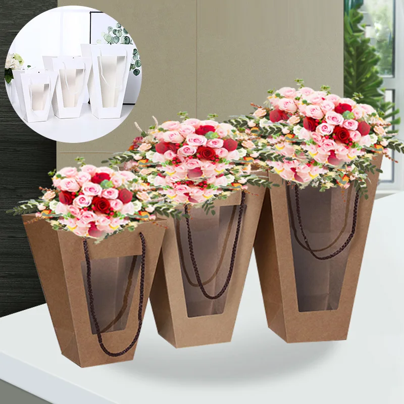 Trapezoid PVC Window Portable Kraft Paper Waterproof Flower Box Florist ...