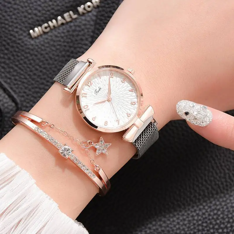 New Arrivals Fashion Women Watches Bracelet Set 2pcs Quartz Watch PU Strap Watch Gold Bracelet Set For Ladies Alibaba