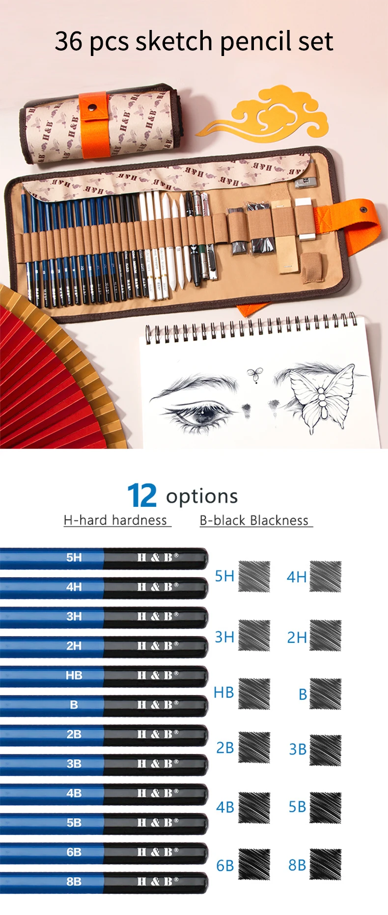 36pcs Portable Artist Sketching Pencil Drawing Kit