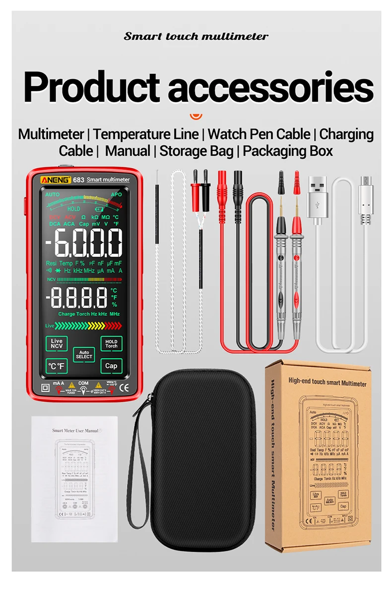 ANENG 683 Touch Smart Multimeter with Battery Tester - 6000 Counts, AC ...