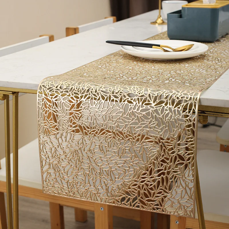 European Style Luxury Gold Foil Elegant Leaves Shape Long Table Runner ...