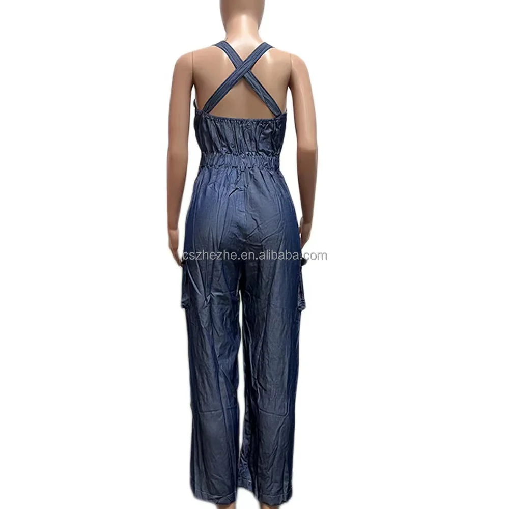 ZHEZHE Cargo Denim Multi Pockets One Piece Jumpsuit Halter Neck Women's ...