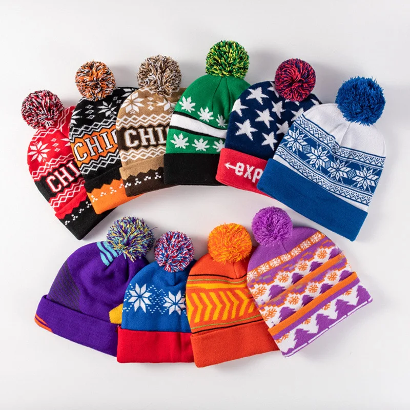 Jacquard Letters Beanie Unisex Adults Winter Ice Cap Beanies With Pom ...
