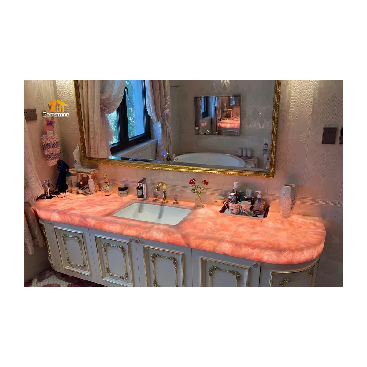 Luxury Backlit Translucent Pink Crystal Rose Quartz Countertop