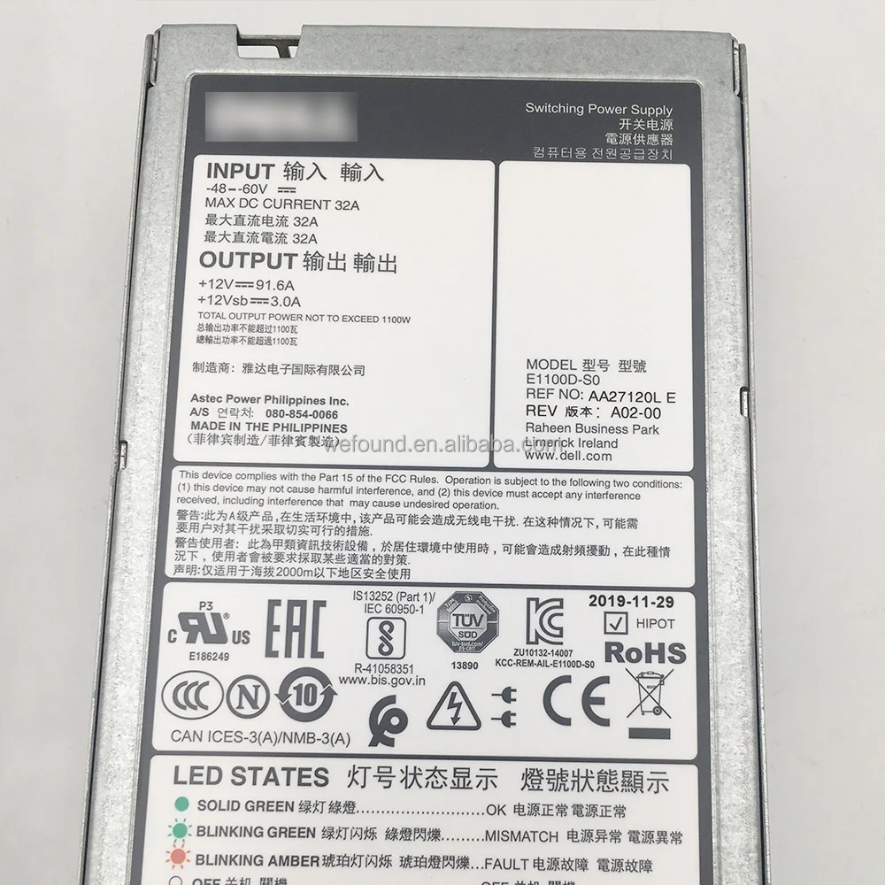For Dell R520 R620 R720 1100w Power Supply E1100d-s0 Aa27120l E 5g4wk ...