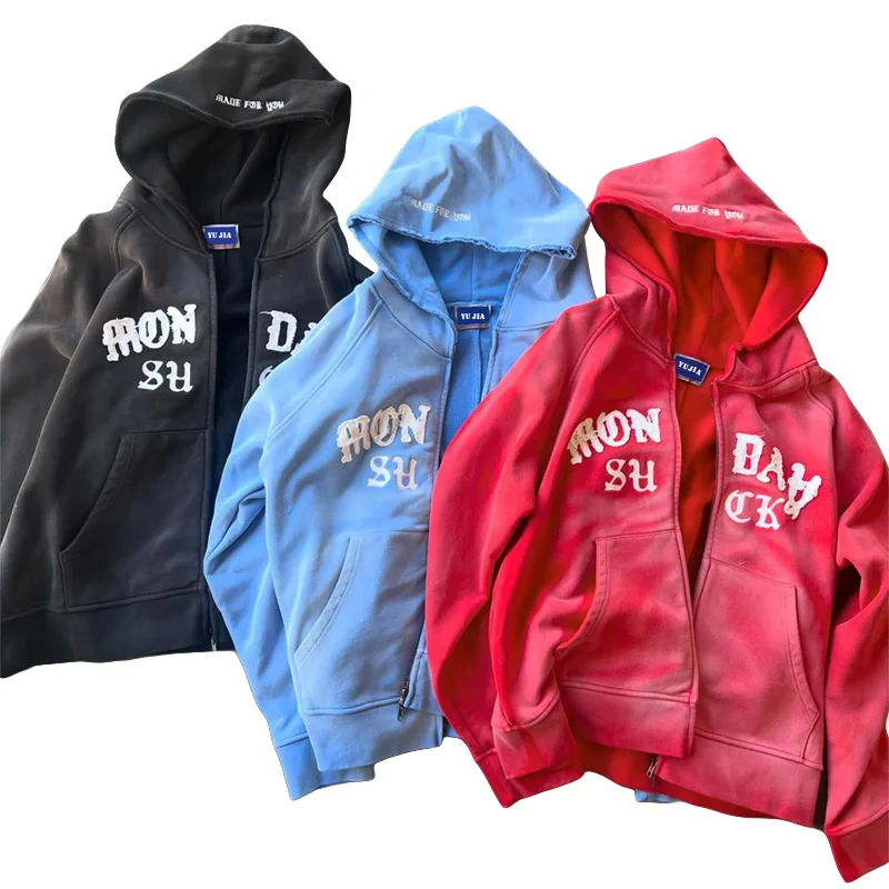 Custom Applique Embroidery Logo Distressed Acid Wash Hoodies Oversized ...