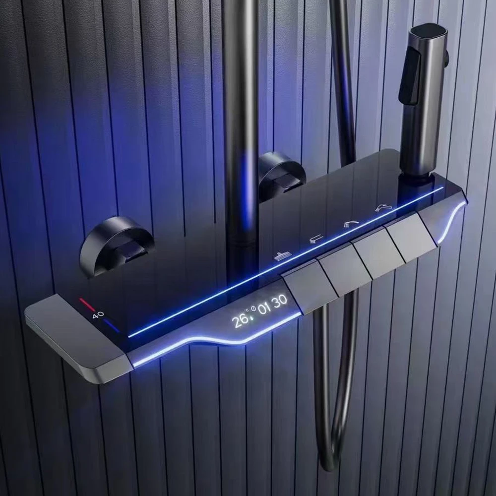 Led Exposed Thermostatic Piano Shower Digital Display Gun Grey Bathroom ...