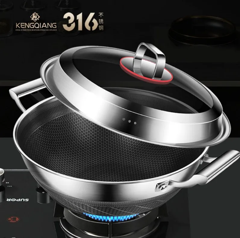 KENGQ Double Handle Honeycomb Wok Pot 316 Stainless Steel Wok Surgical ...