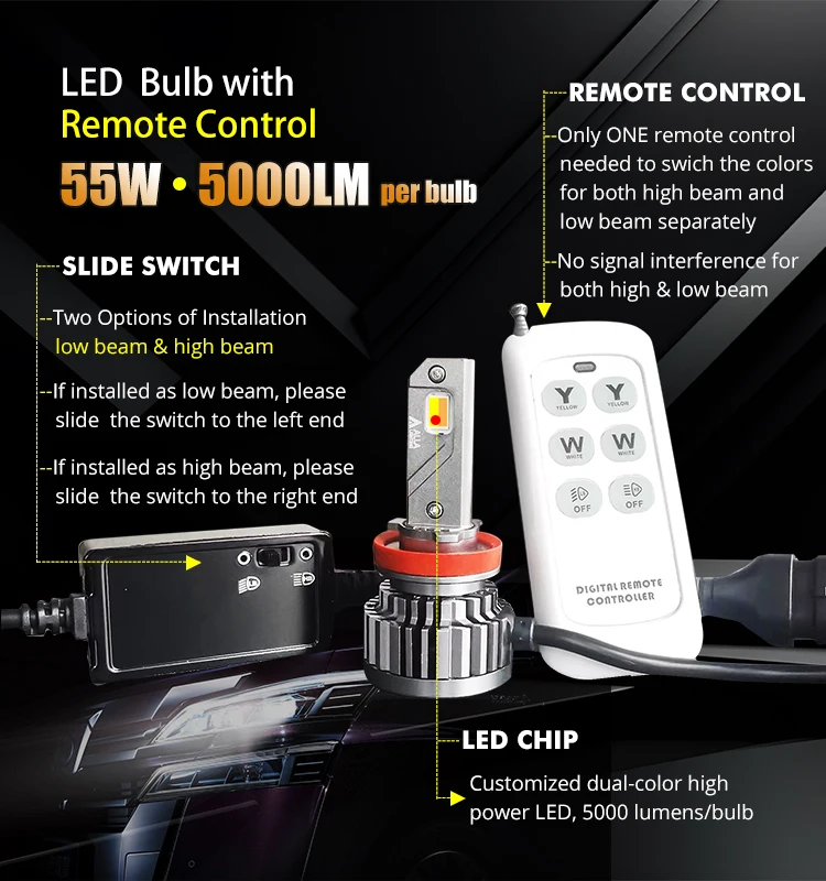 2024 New Headlight Bulb Ncp Dual Color H8 H11 Led Headlight With Remote ...