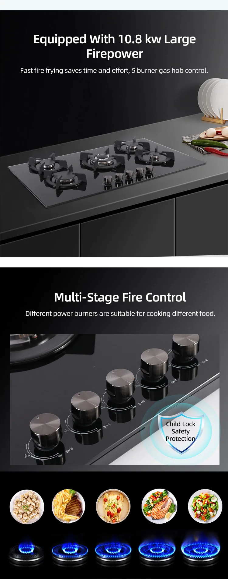 Home Appliance Kitchen Gas Cooker Glass 5 Burner Built-in Gas Hob Gas ...