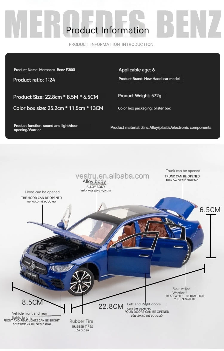 1:24 Scale Car Models Benz E300L with Sound and Light Pullback Metal Model Car Toys Decorate ...