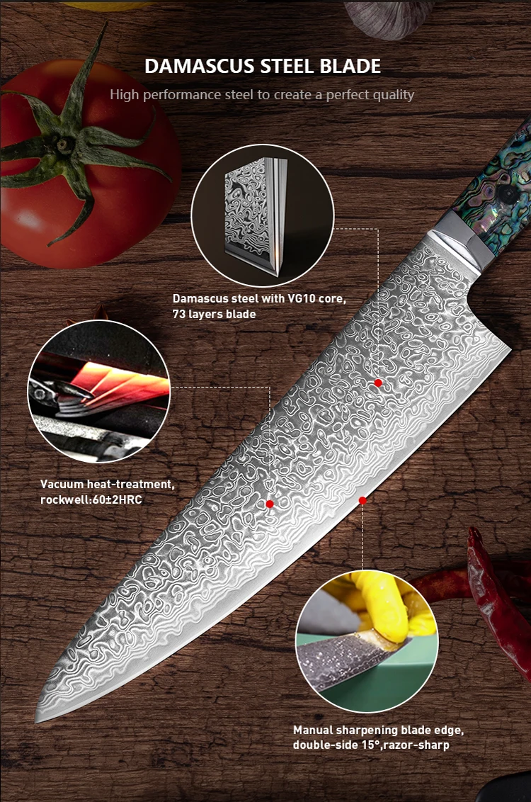 Custom Sharpering Knives Resin and Abalone Shell Handle Damascus ...