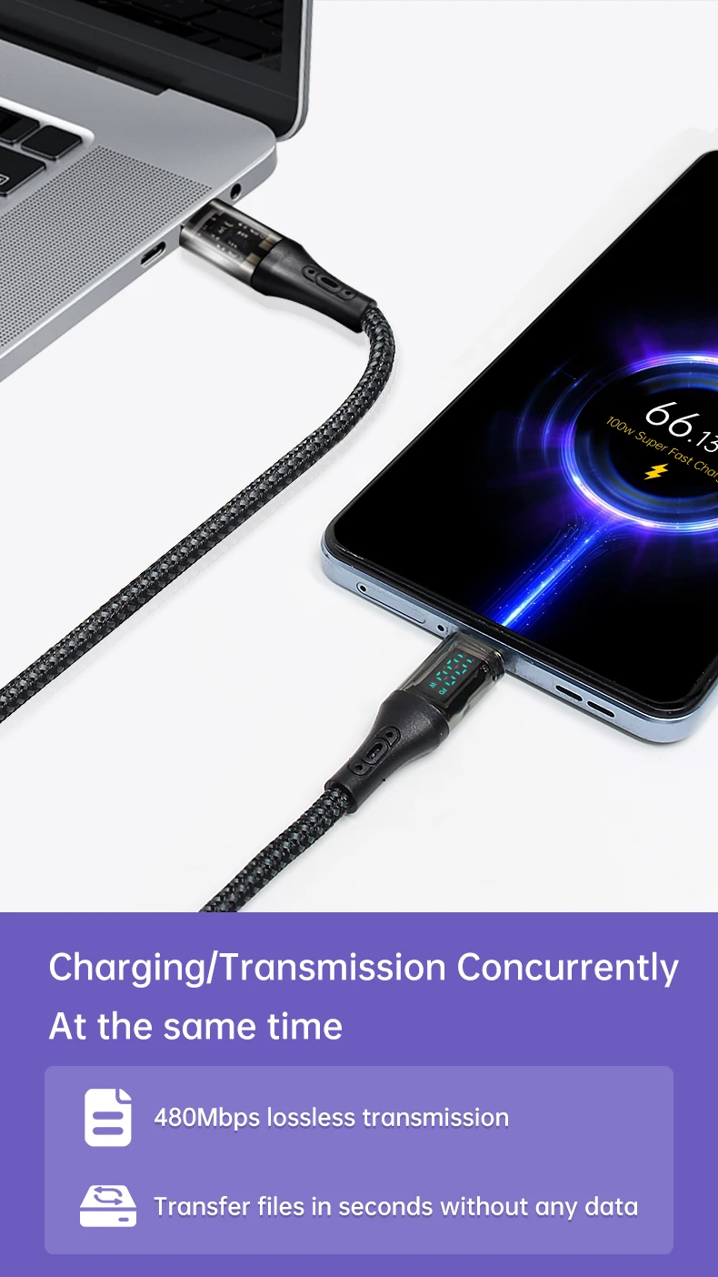 Pd100w Dual Type-c Usb C Cable Transparent Real-time Digital Display ...