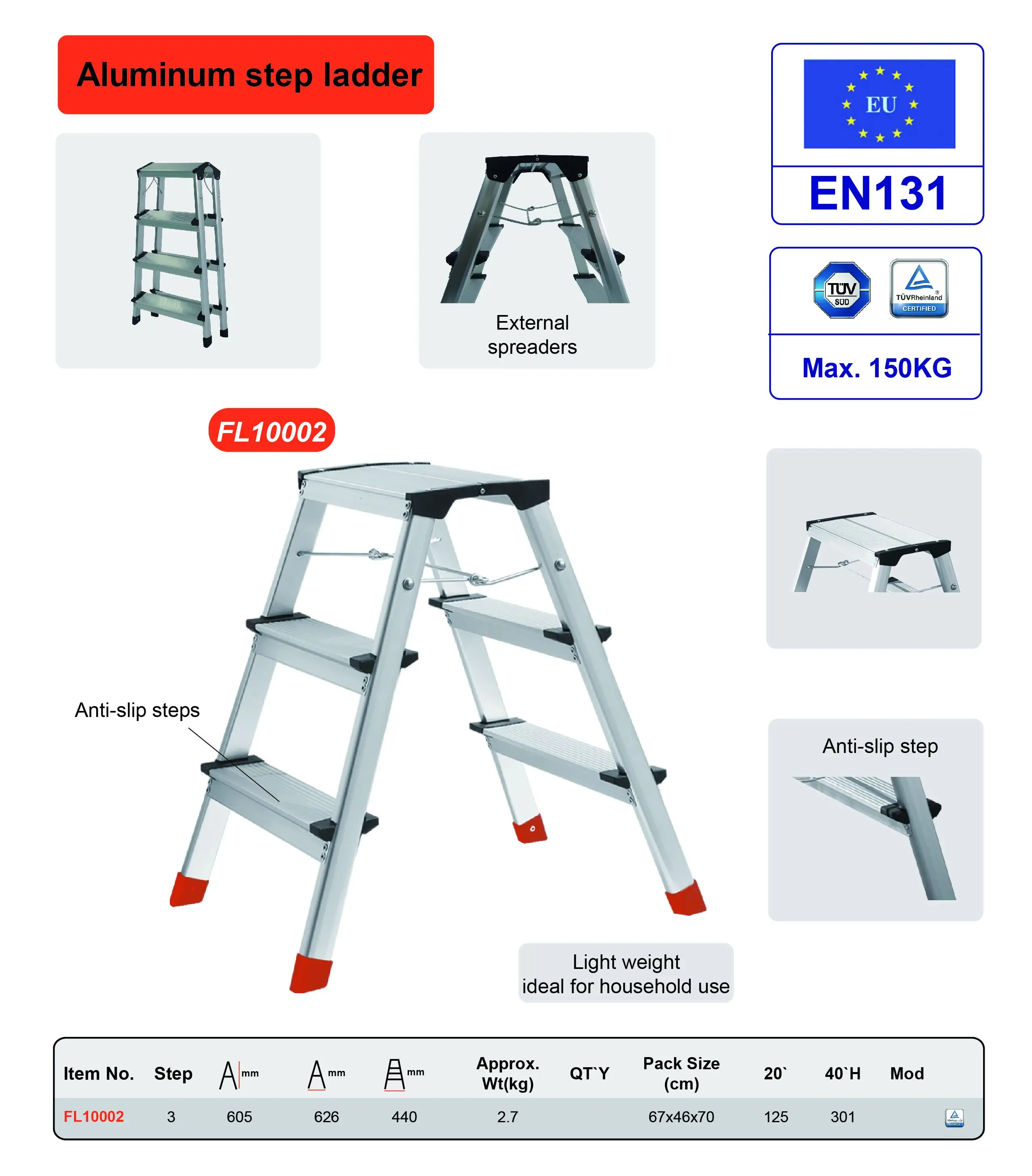 150kg Children Friendly Platform Standing Foldable Step Attic Ladders ...