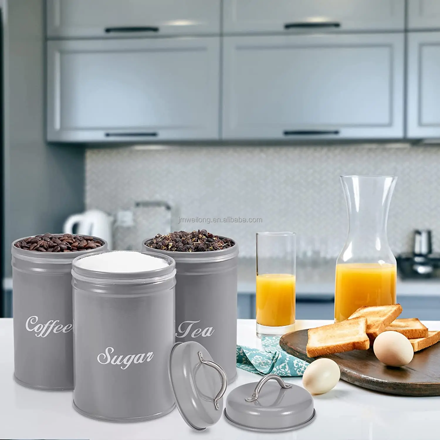 Metal Kitchen Storage Canisters Tin Set Tea Sugar Coffee Jar Home ...