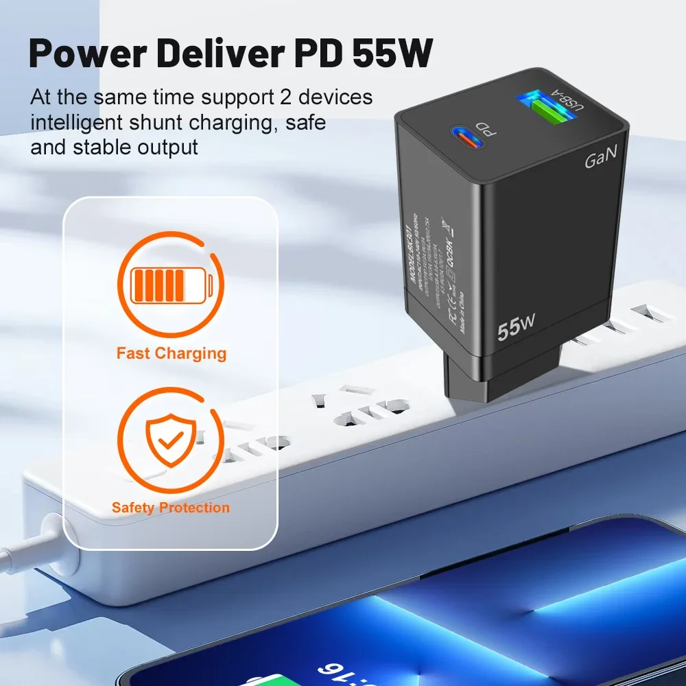 55w Gan Charger Usb C Pd + Qc3.0 Usb Fast Charging Wall Charger Eu Us ...