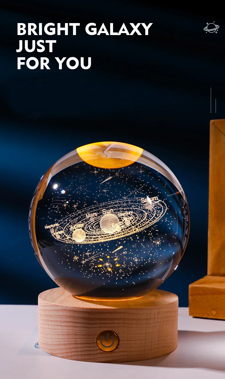 80mm Glass Solar System Planet Sphere - 3D Laser Engraved