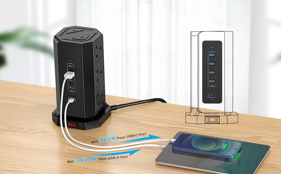 Office Table Power Extension Board with 9 AC Outlets, 4 USB-A & 1 USB-C ...