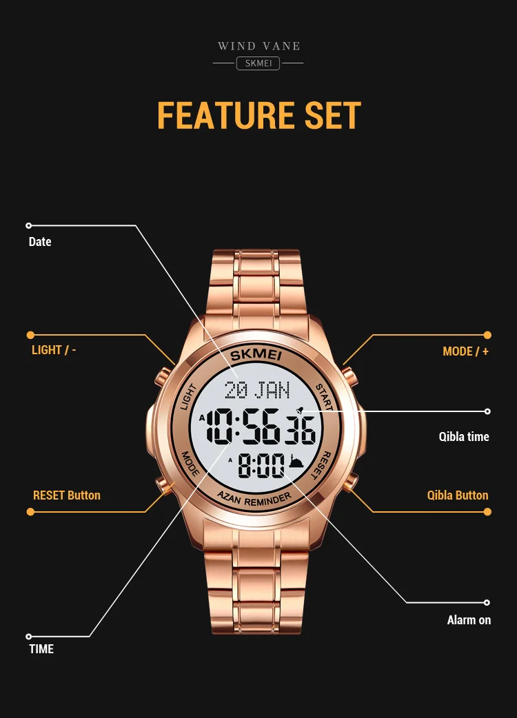 Arabic Stainless Steel Digital Watch for Muslim Prayers - Qibla ...