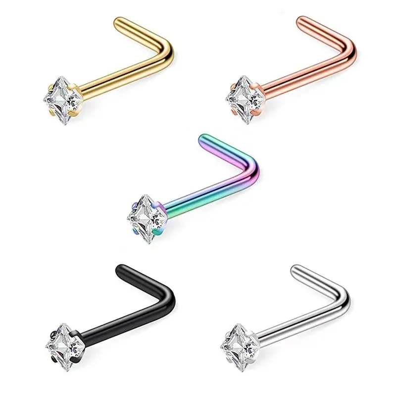 Euro American L-shaped Square Zircon Nose Nail Nose Ring 316l Straight ...