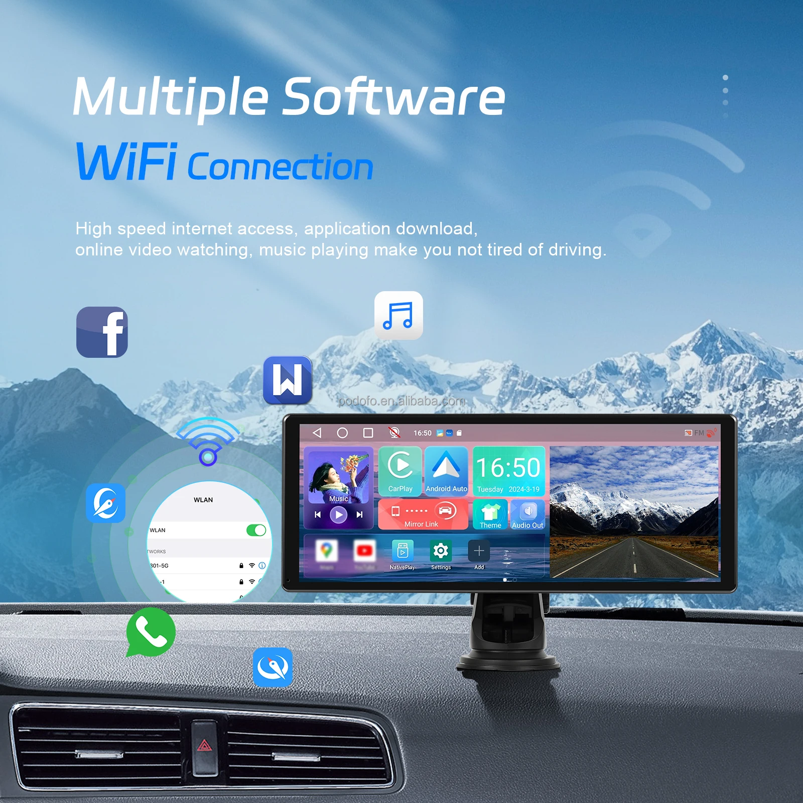 Podofo 11.3" Portable Carplay Screen - Android Auto BT Wifi