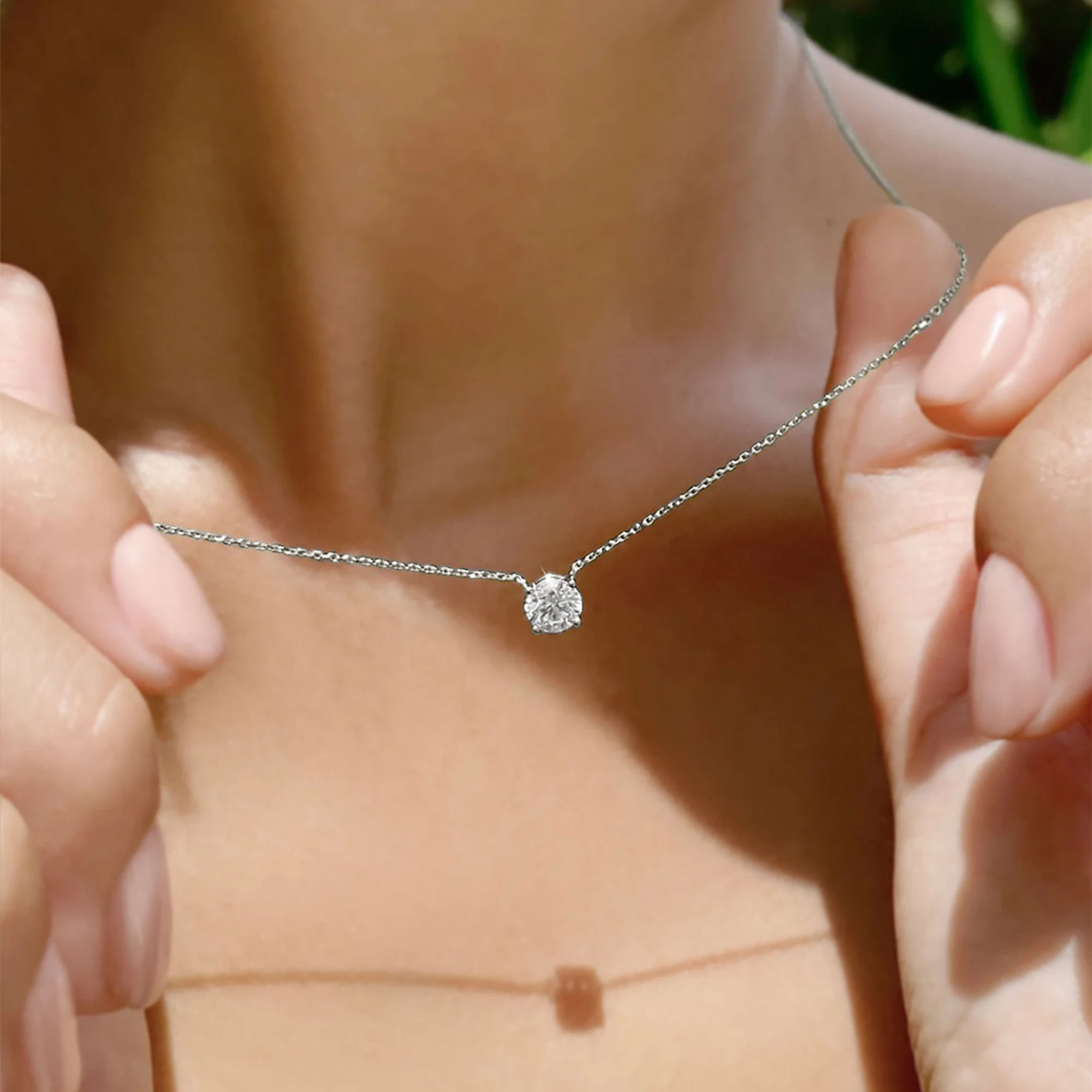 NUORO Simple 925 Silver Solitaire Diamond Choker Adjustable Necklace for Women Stackable Single Zircon Necklace