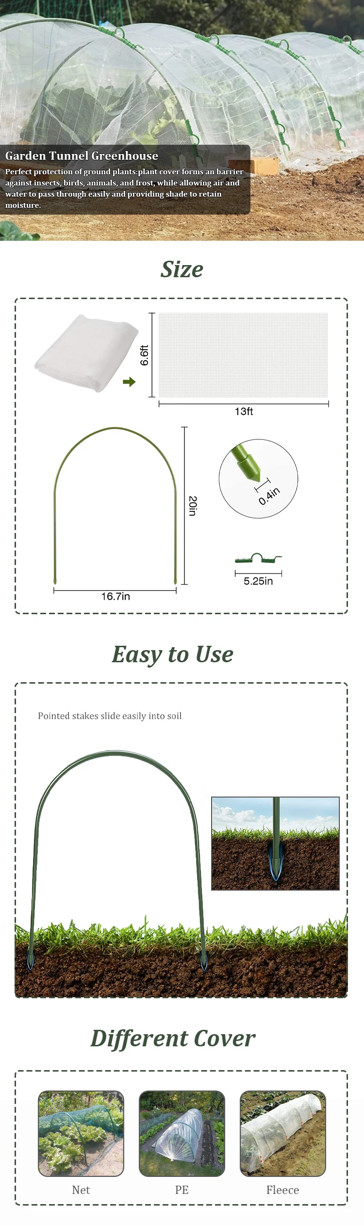 Insect Netting Protection Plant Cover Garden Mini Grow Tunnel Hoop ...