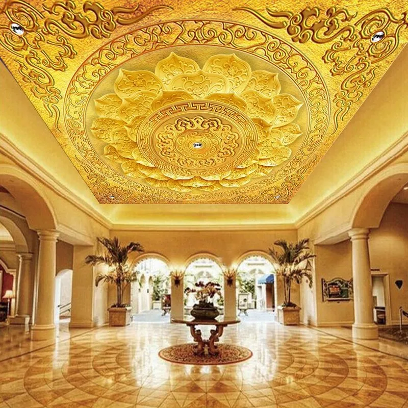 Luxury Golden Lotus Ceiling Wallpaper Mural Restaurant Religious Hotel ...
