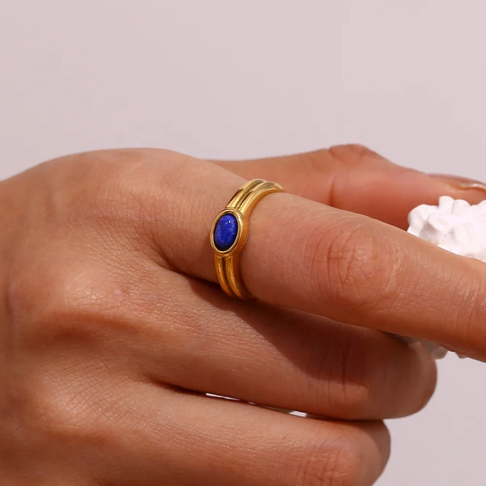 Dainty Oval Gemstone Signet Ring Water Proof Jewelry PVD Gold Plated ...