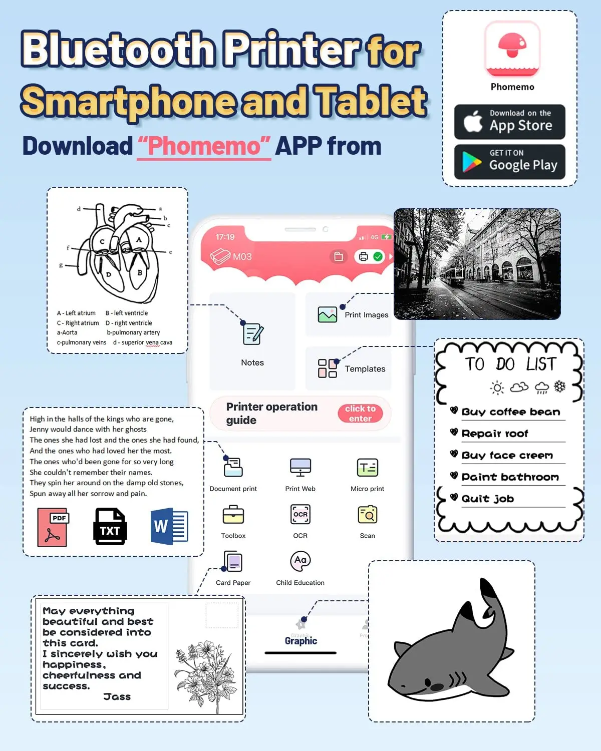 Phomemo M03 80mm Thermal Sticker Printer Mini Blue Tooth Thermal ...