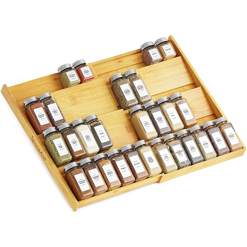 Bamboo Spice Rack Kitchen Cabinet Drawer Expandable Stackable Organizer ...
