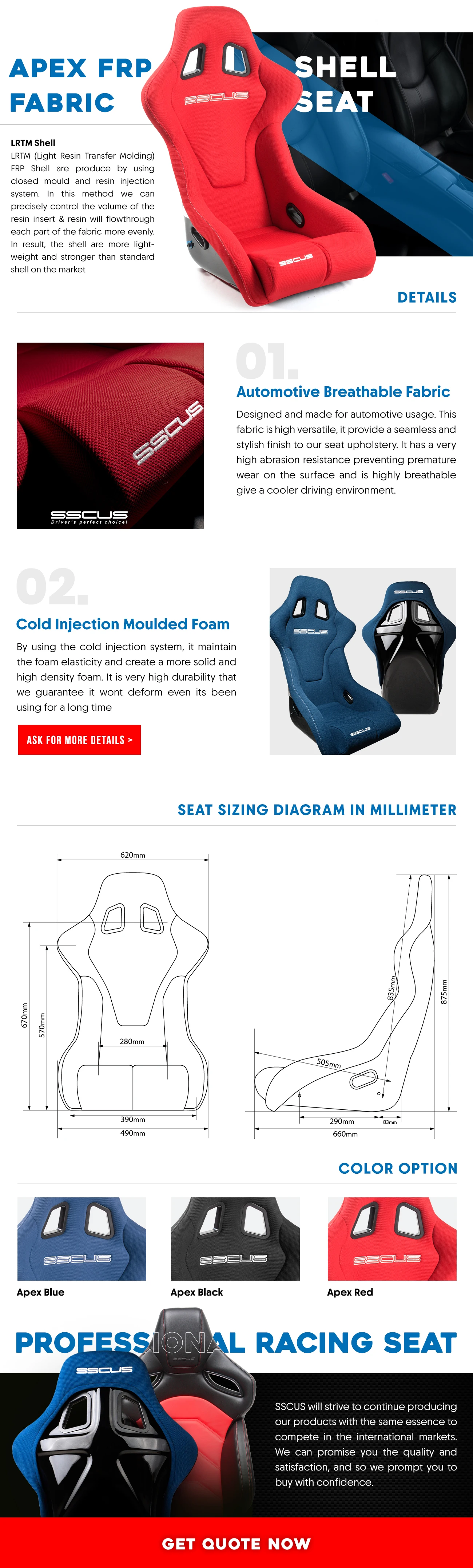 SSCUS Apex FRP Fabric Racing Seats - Universal Shell Design