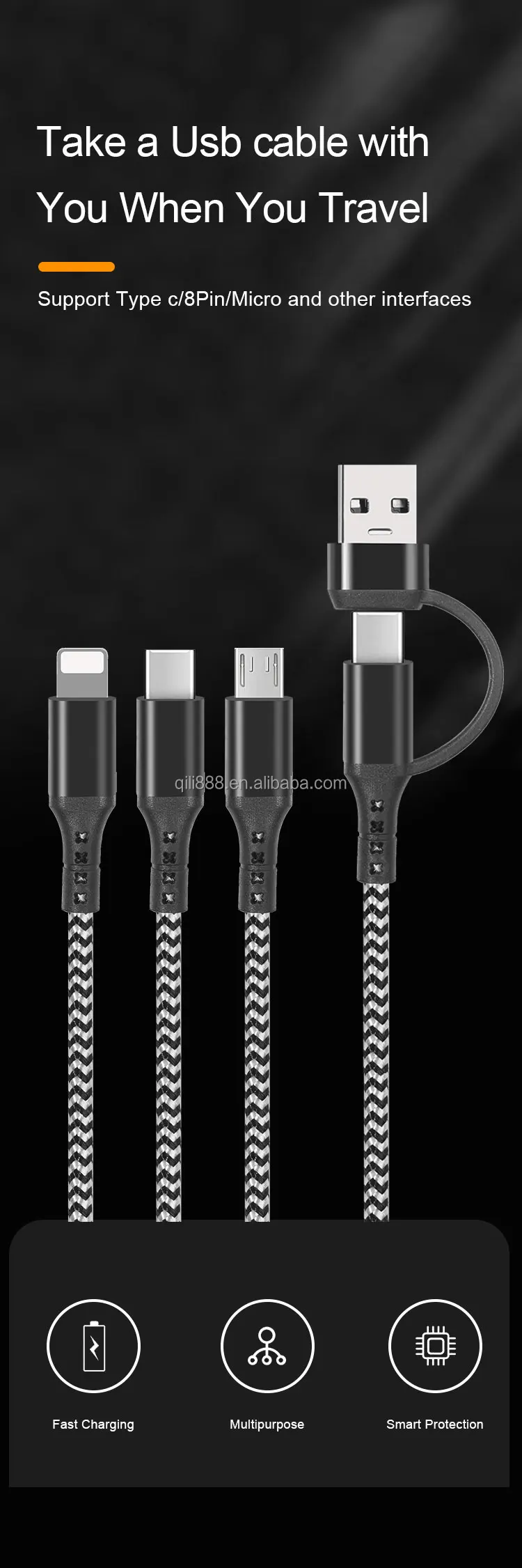 Type-c Pd Fast Charging Cable 1.2m 3 In 1 Data Cable For Apple Iphone ...