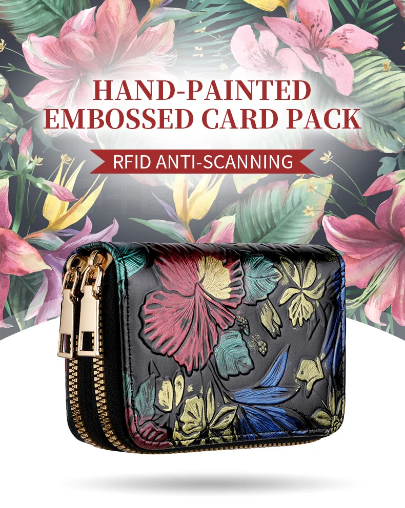 Double Zipper Card Holder, Floral Pattern Zip Around Coin Purse, Women ...