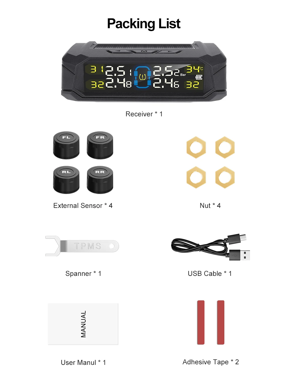 8bar 116psi Universal Tpms Tire Pressure Monitoring System Solar Tpms ...
