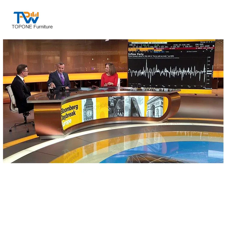 White Curved Reception Desk - Modern Gold Color TV News Desk