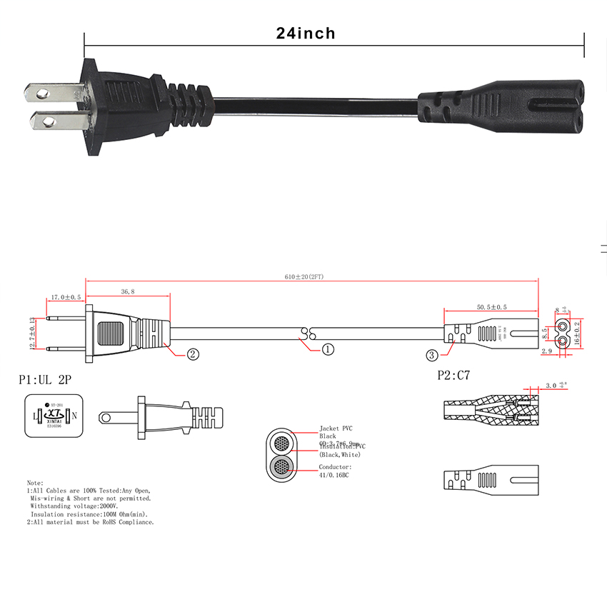 2 Prong 90 Degree Angled 18AWG Power Cord - NEMA 1-15P to IEC320 C7 ...