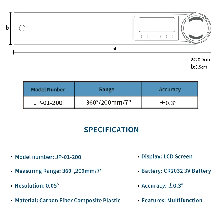 200mm Digital Angle Ruler - Precise Electronic Measurement