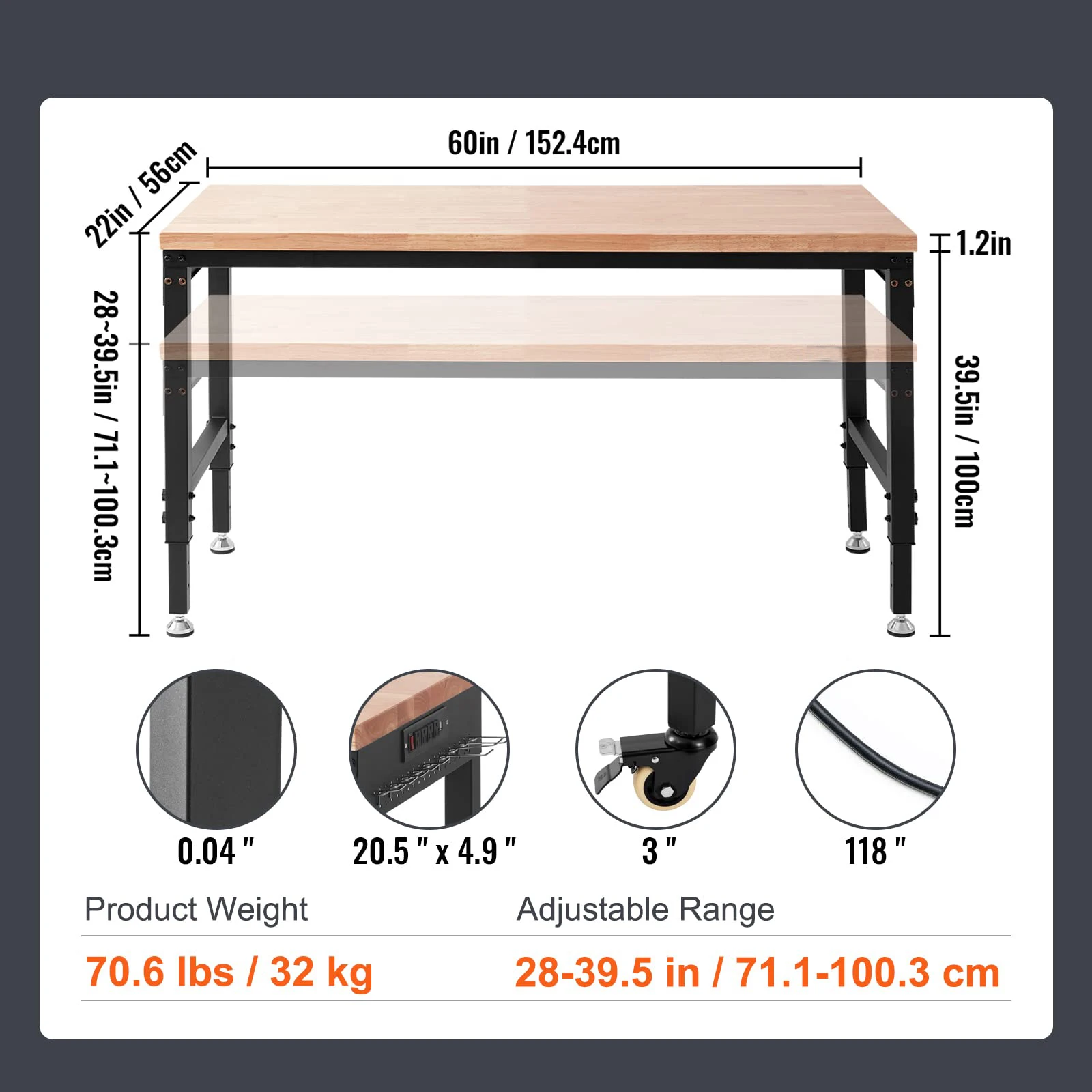 60 X 22in Garage Worktable - Adjustable, Rolling, and Durable