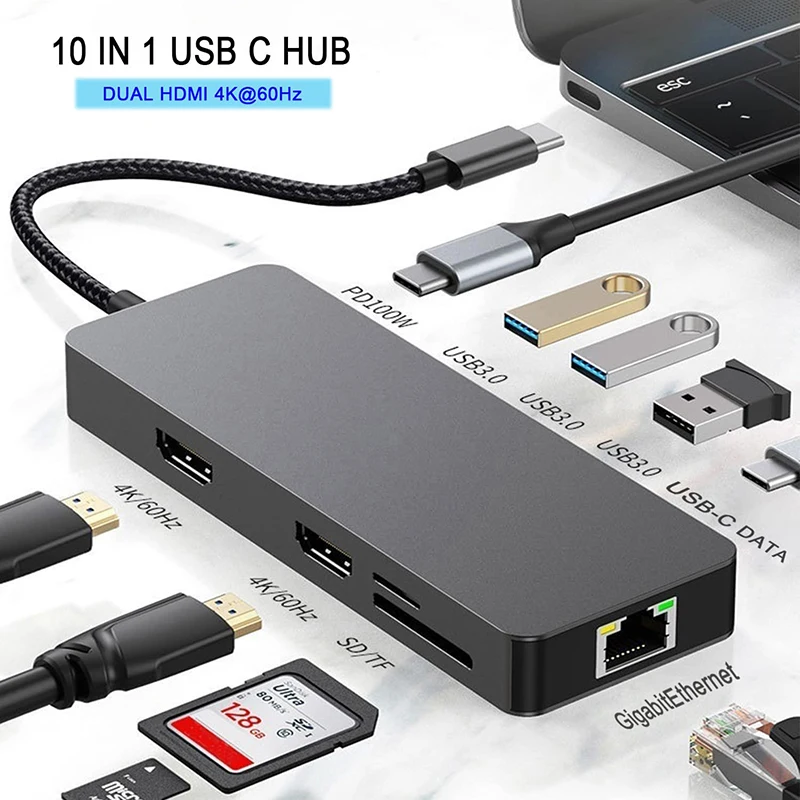 10 In 1 Usb C Hub To Dual Hdmi 4k 60hz Usb Type C Adapter Hub Dock With ...
