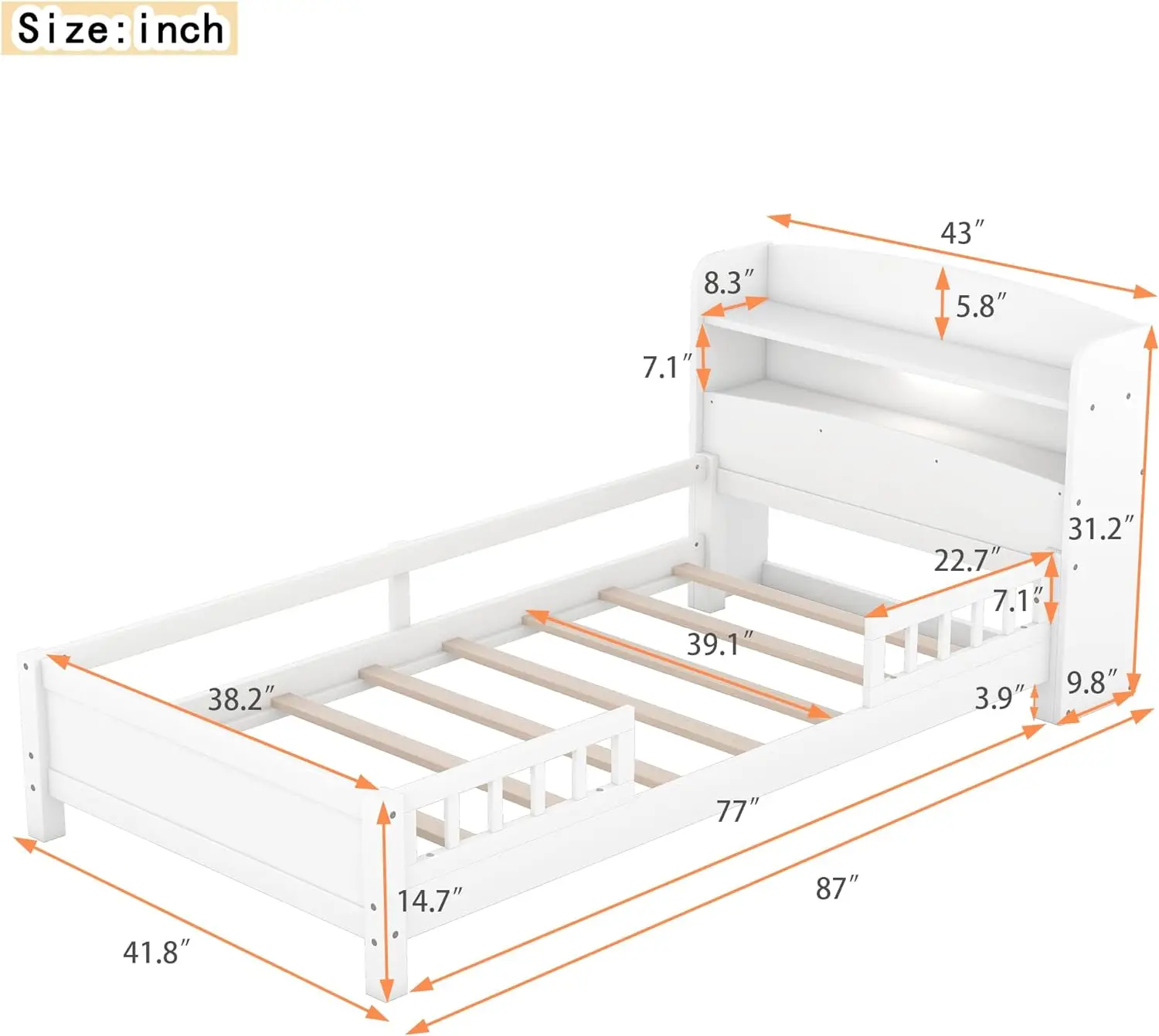 Twin Bed Frame with Rails for Kids, Wood Low Platform Beds with Storage ...