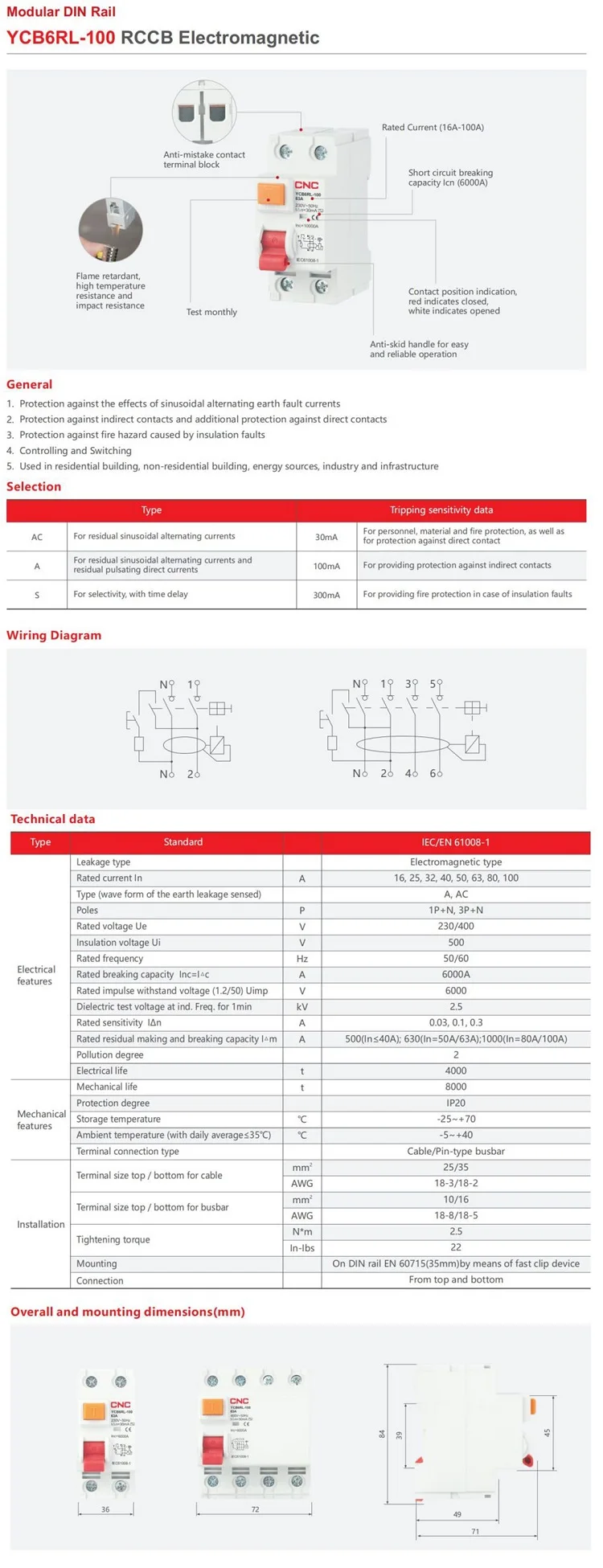 YCB6RL-100 1P + N 3P + N artık akım devre kesici 100A 6KA AC ELCB RCCB| Alibaba.com