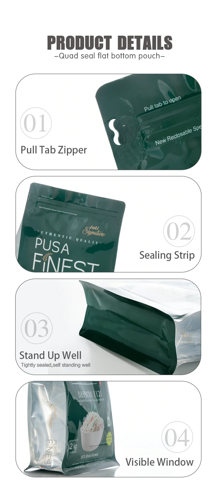 1kg 2kg 5kg Basmati Rice Packing Bag Flat Bottom Wheat Flour Pouch ...