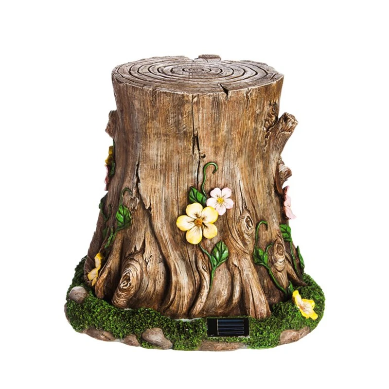 Poly Resin Solar Lighted Tree Stump Fairy Garden House Figurine